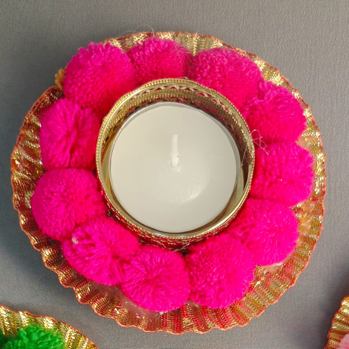 Handcrafted Pom‑Pom Round Tealight Holder | Festive Pooja & Diwali ...