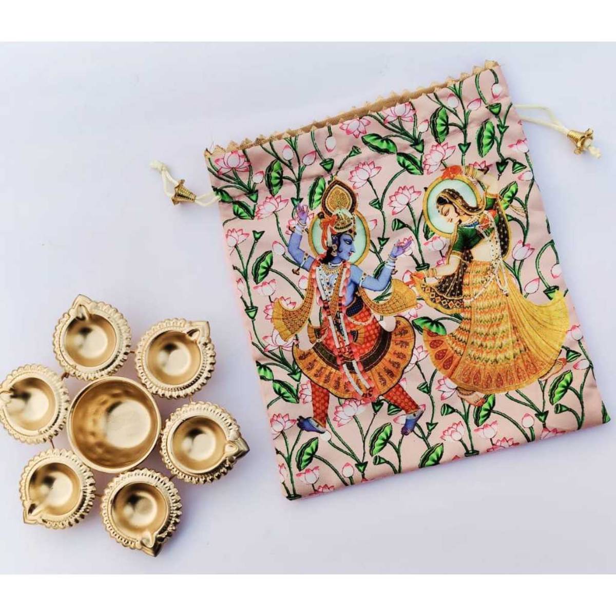Brass Finish Metal Diya Urli with Potli Bag|Diwali, Pooja & Festive ...